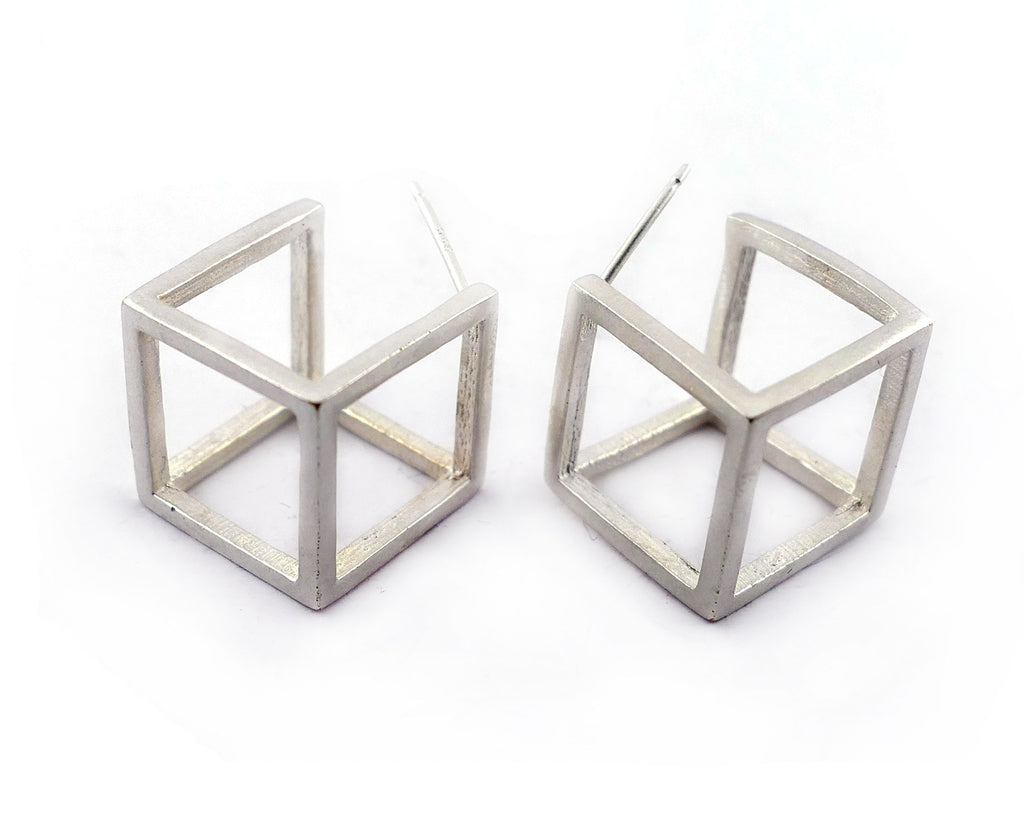 Sterling Silver Geometric Cube Earrings | Silver Sculptor